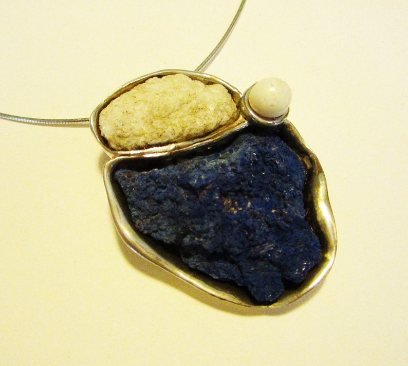 Azurite Crystals With Quartzite and White Pearl Sterling Silver Pendant ...