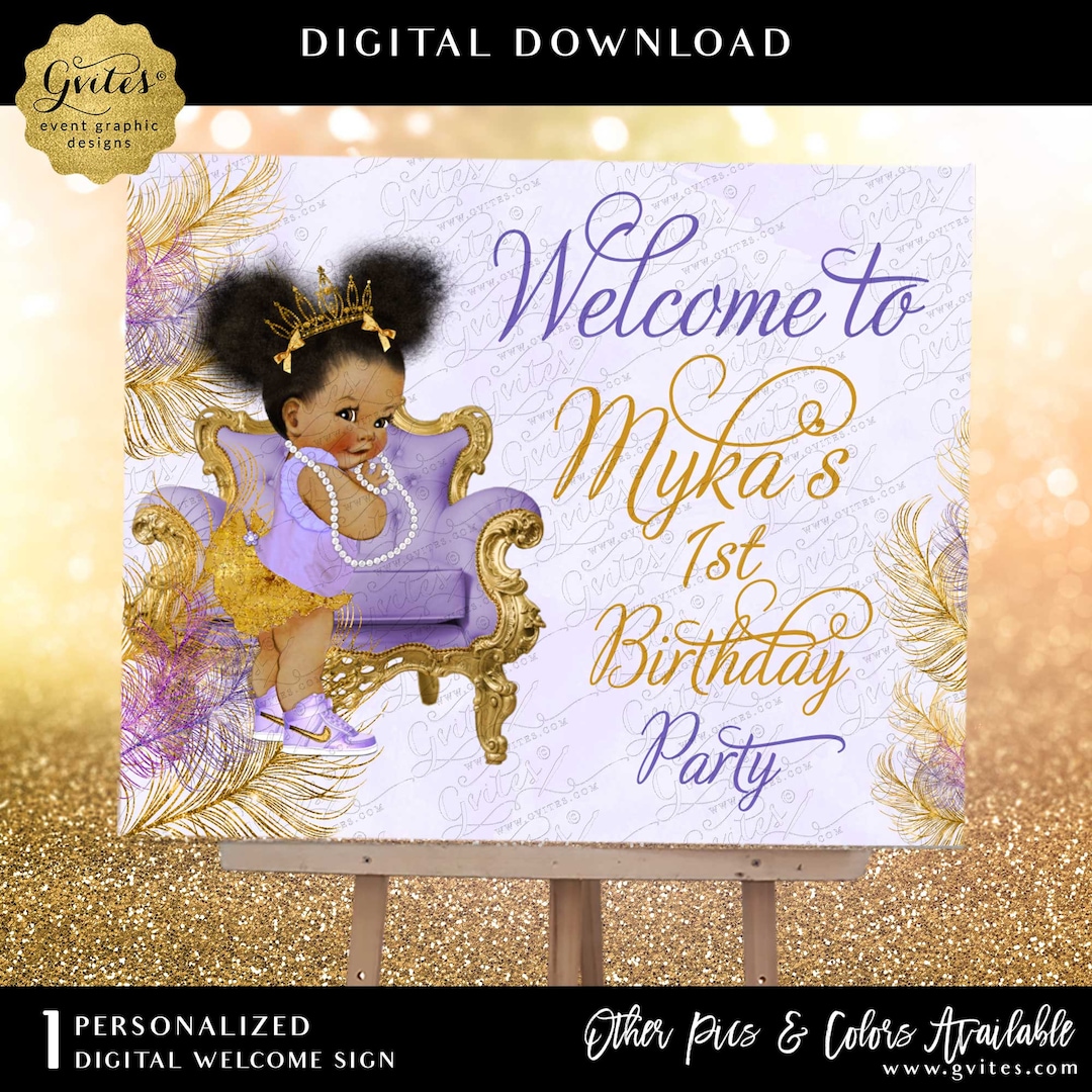First Birthday Purple Lavender and Gold Afro Puff Princess Welcome Sign ...