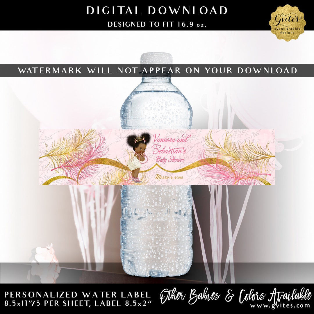 Water Labels Sparkly Feathers Pink & Gold Watercolor Afro Puffs ...