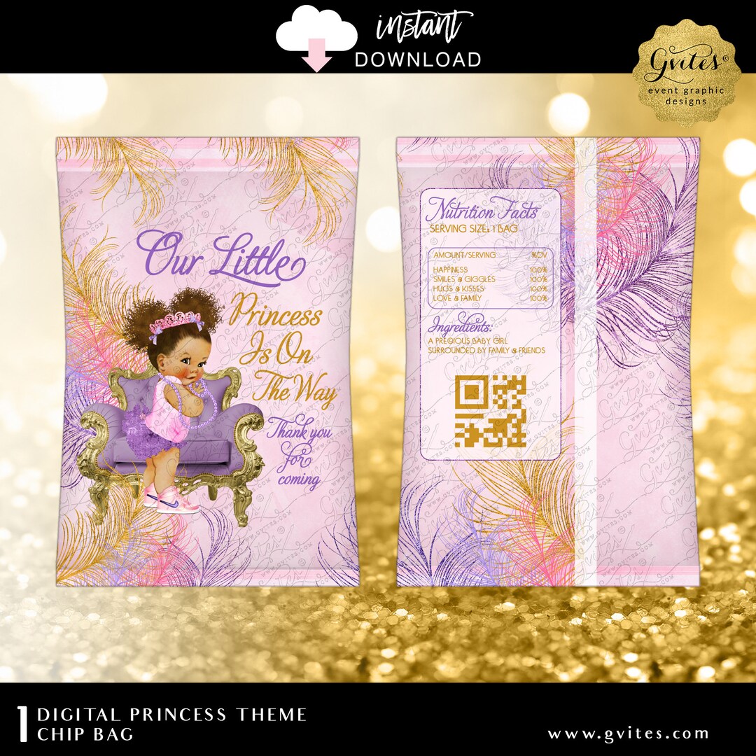 Printable Chip Bag Afro Puffs Princess Purple Gold Baby Shower | Ethnic ...