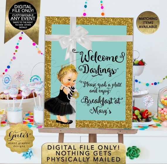 Welcome Sign Poster Birthday Printable Blue Gold Breakfast at Audrey ...