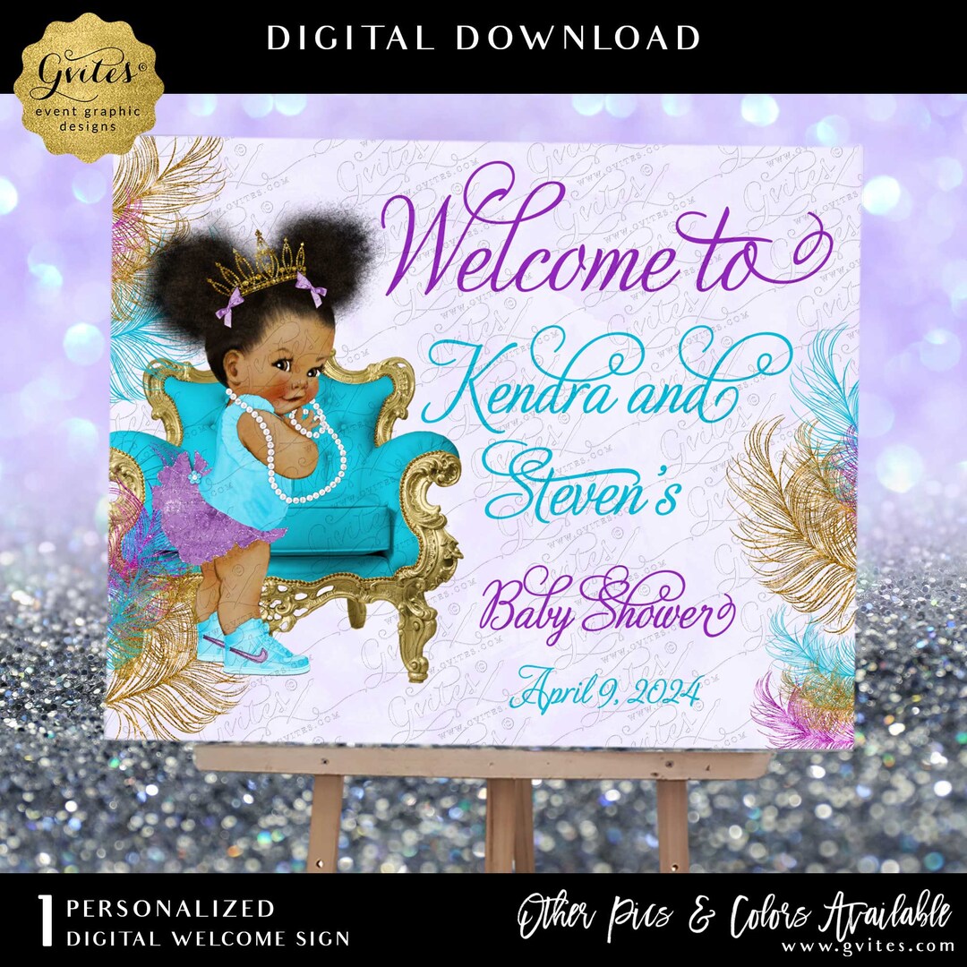 Welcome Sign Baby Shower Periwinkle Grape Purple Aqua Blue Gold Glitter ...