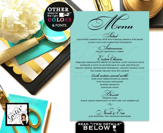 Wedding Menu Cards, blue themed place setting, elegant menus, printable ...