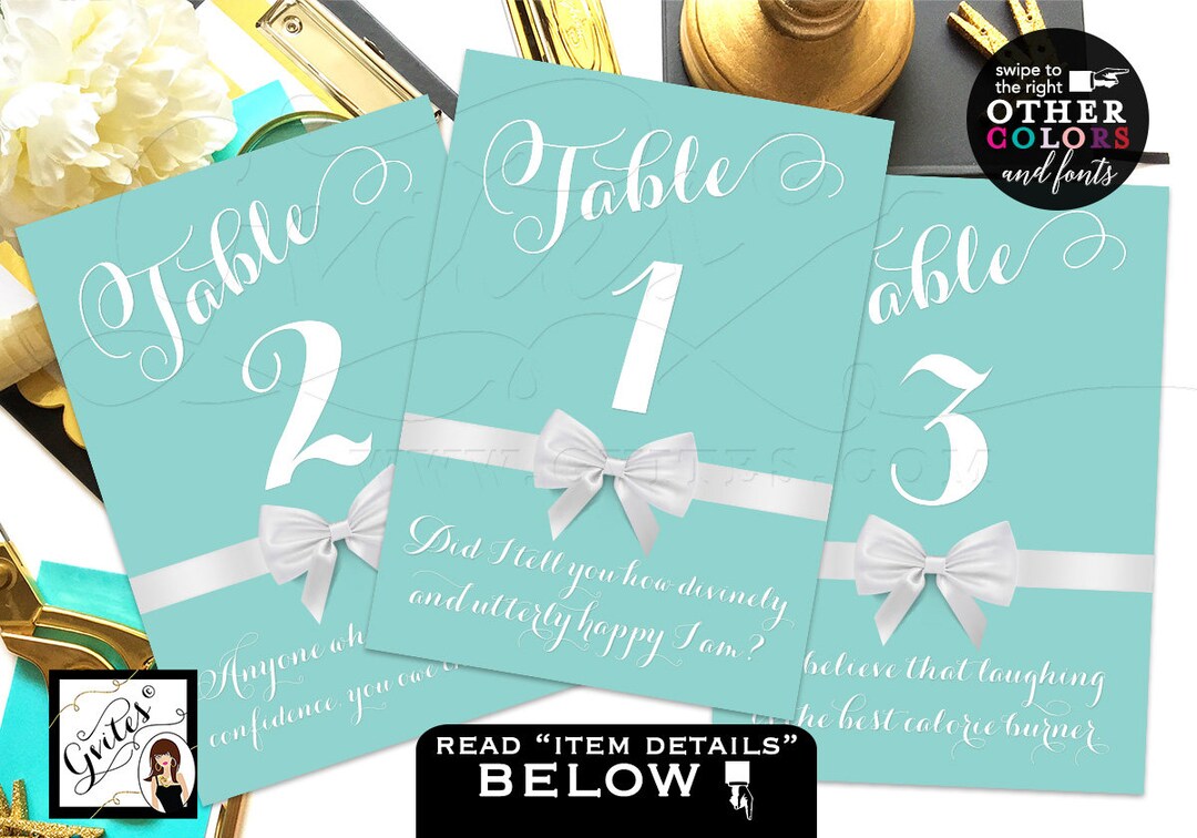Custom Table Numbers 1-10 Turquoise Blue White Bow Digital Download 4x6 ...