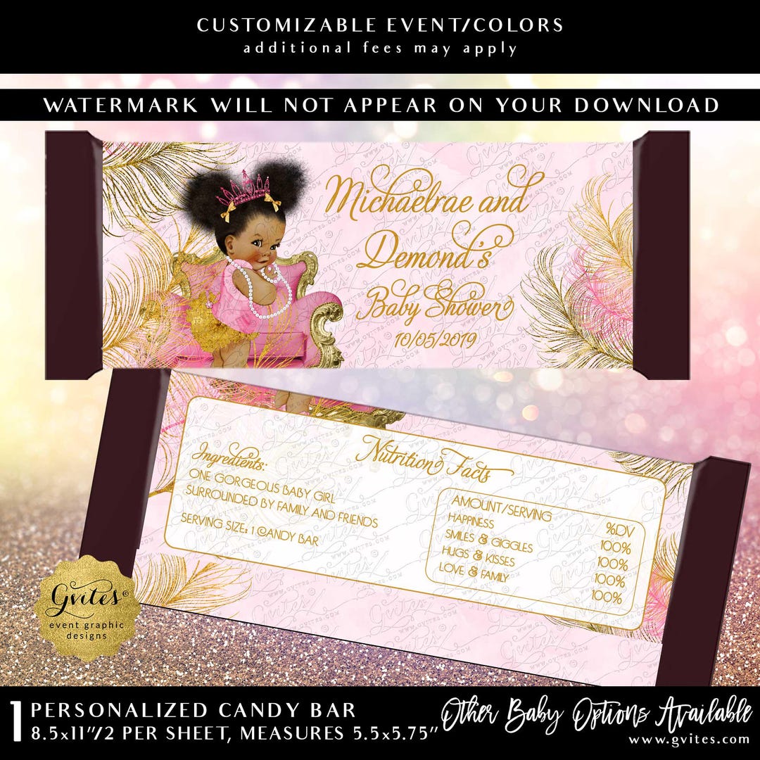 Afro Puffs Candy Bar Wrapper Pink Gold Baby Shower Favors | Tiaras ...