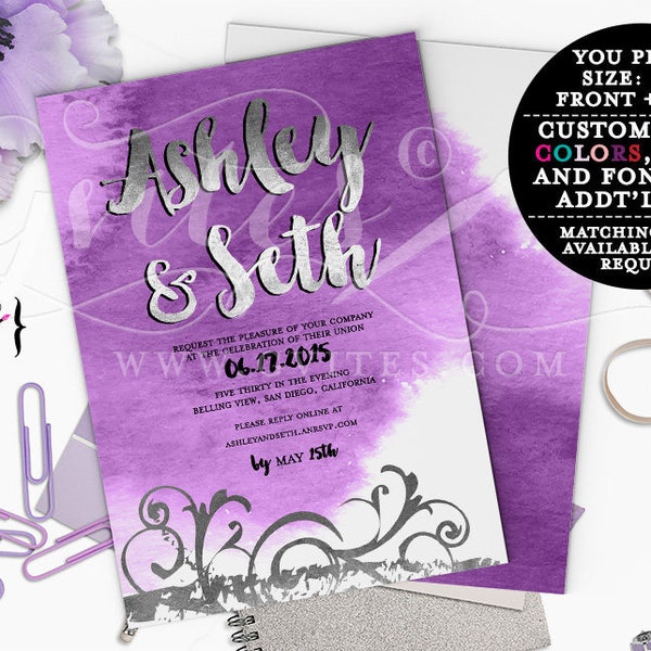 Modern Purple and Silver Wedding Invitation - Etsy