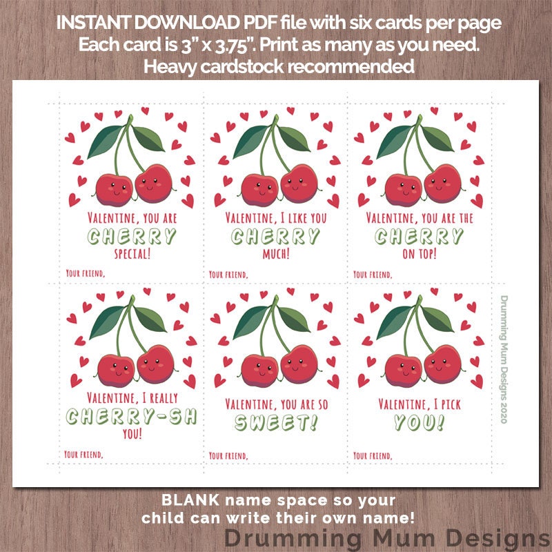 INSTANT DOWNLOAD Cute Cherries Valentines Day Cards Kid - Etsy