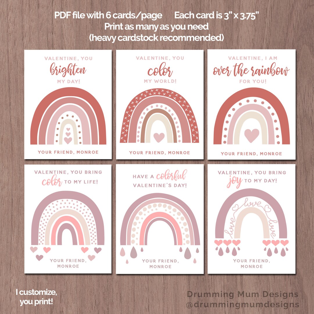 Boho Rainbow Valentines Day Cards Kid Printable Valentine Card School ...