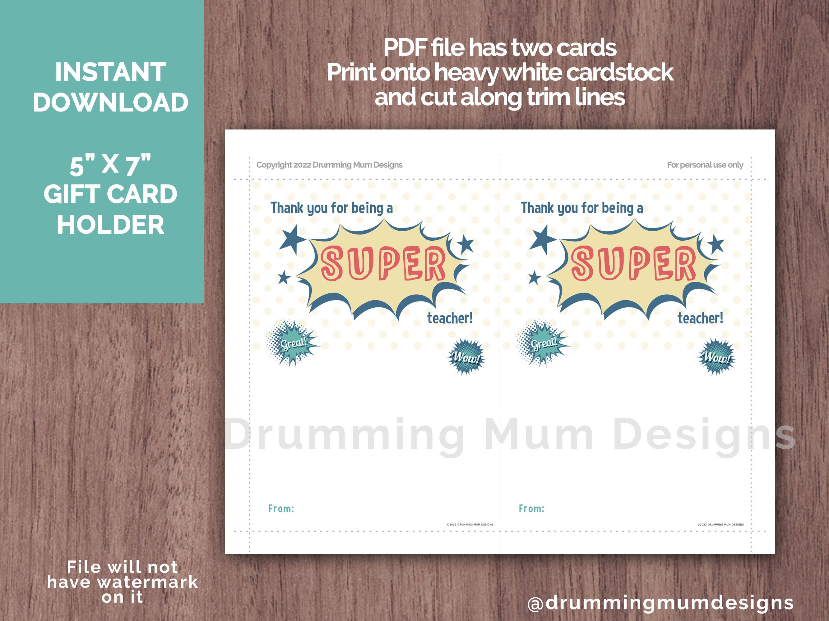 Teacher Appreciation Gift Card Holder PRINTABLE End of Year - Etsy