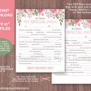 PRINTABLE All About My Mom Fill in the Blank Gift for Mother's Day Mama ...