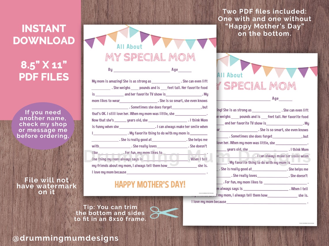 All About My Mom PRINTABLE Fill in the Blank Gift for - Etsy
