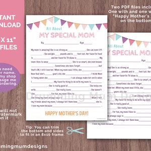 All About My Mom PRINTABLE Fill in the Blank Gift for Mother's Day Mama ...