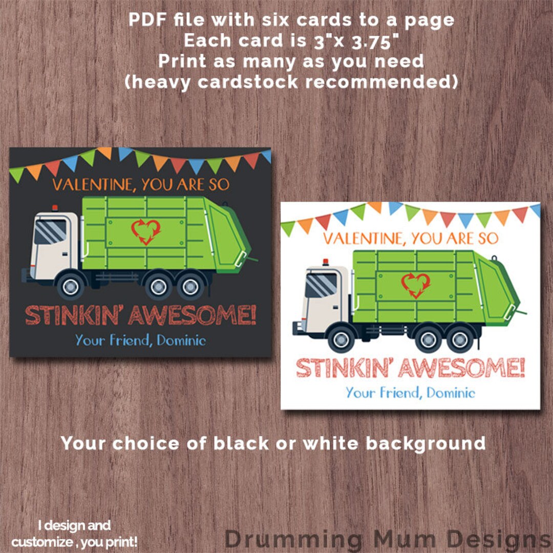 Garbage Truck Valentines Day Cards Kids Valentine Cards School Class ...