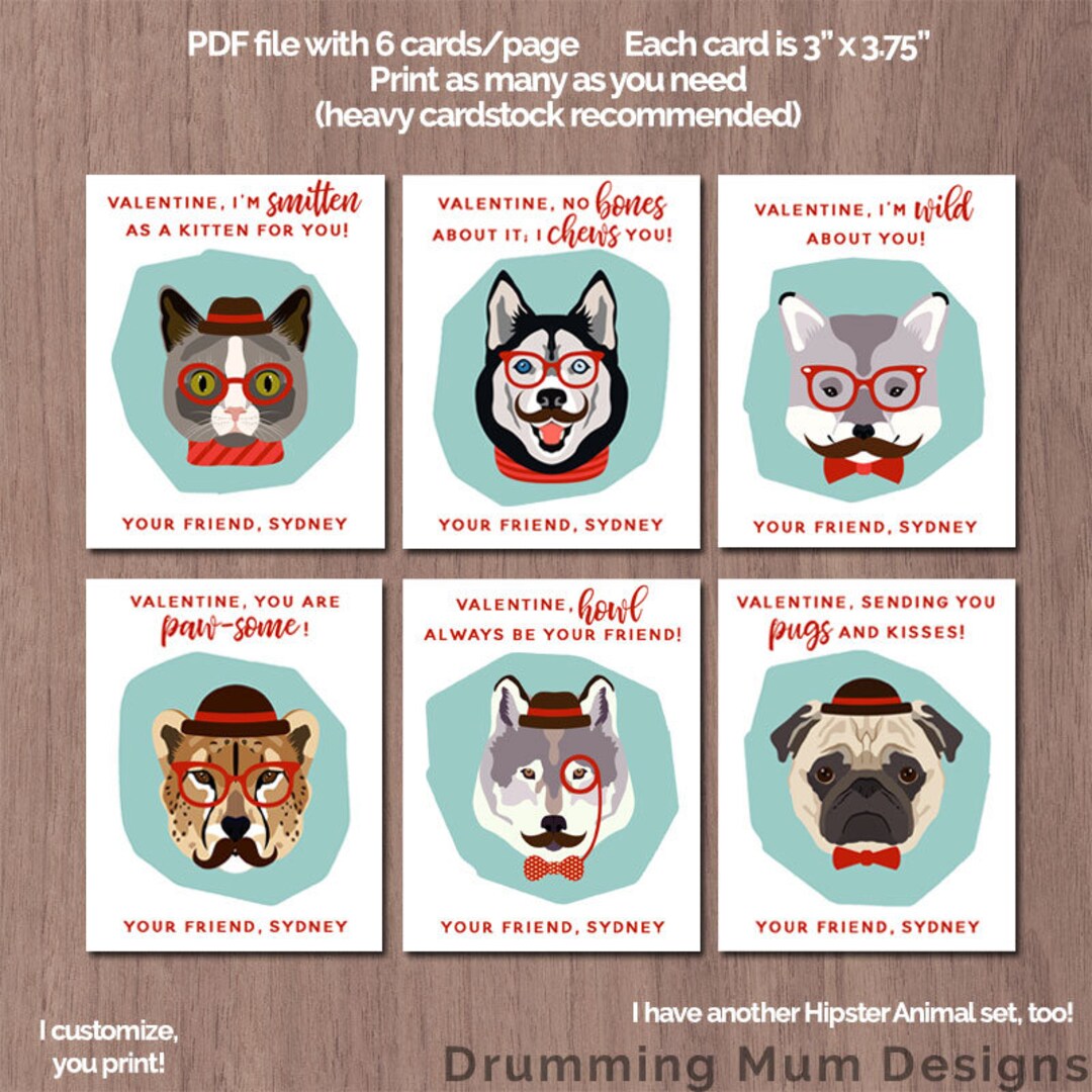Hipster Animals Valentines Day Cards Kids Valentine Cards School Class ...
