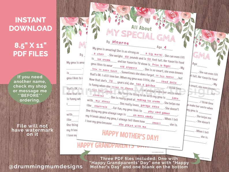 All About My Gma PRINTABLE Fill in the Blank Gift for - Etsy