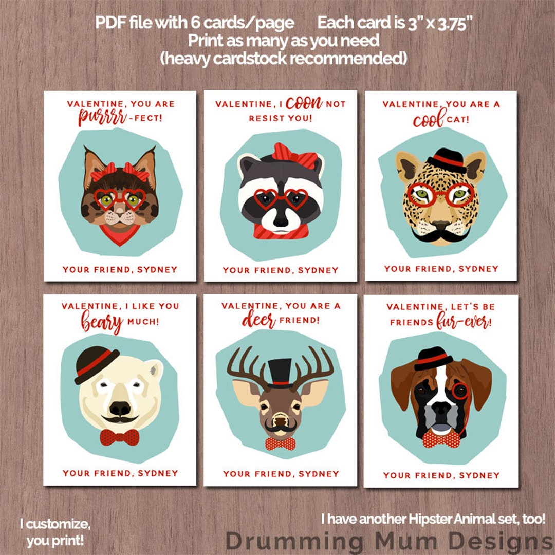 Hipster Animals Valentines Day Cards Kids Valentine Cards School Class ...