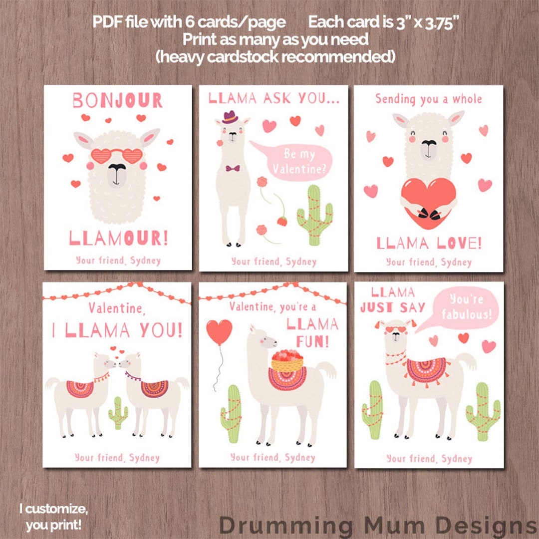 Llama Valentines Day Cards Kid Valentine Card School Alpaca Class ...