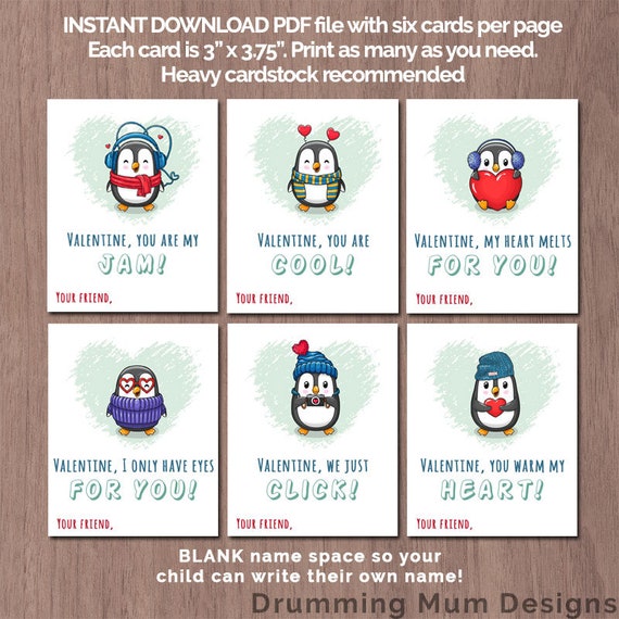 INSTANT DOWNLOAD Cute Penguins Valentines Day Cards Kid | Etsy