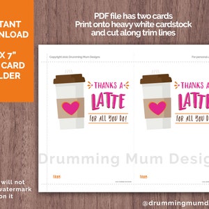 Thanks a Latte Coffee Gift Card Holder PRINTABLE Teacher Thank You End ...