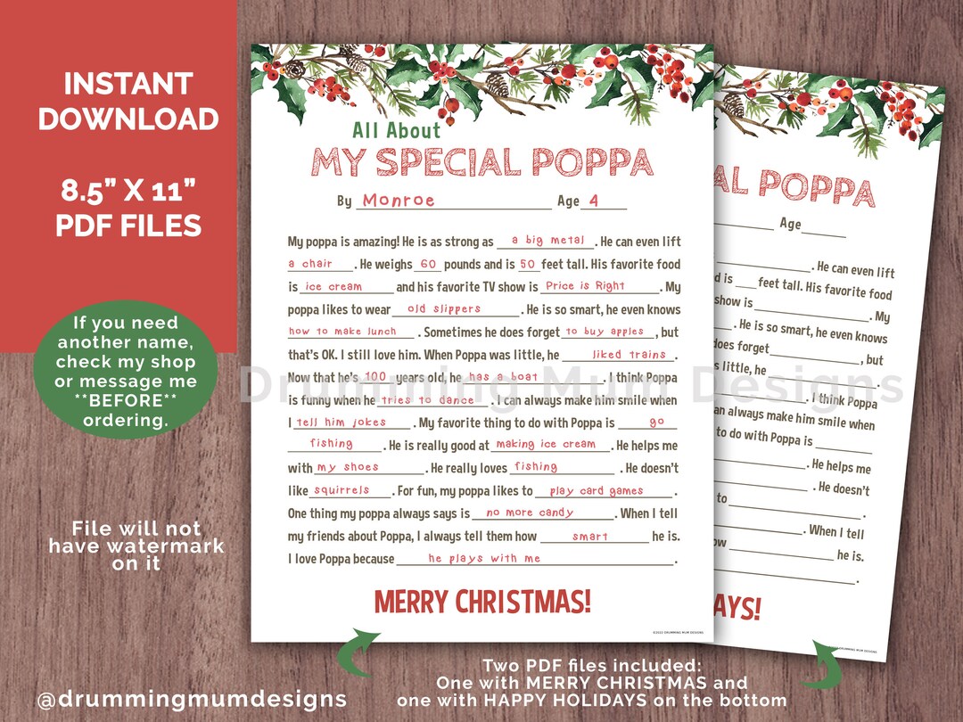 PRINTABLE All About My Poppa Fill in the Blank Gift for Christmas Funny ...