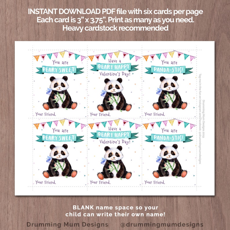 INSTANT DOWNLOAD Panda Valentines Day Cards Kid Valentine Card - Etsy