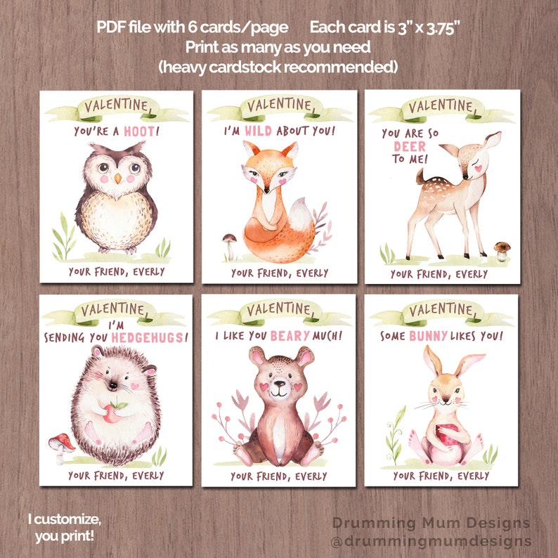 Woodland Animals Valentines Day Cards Forest Creatures Critters Kids ...