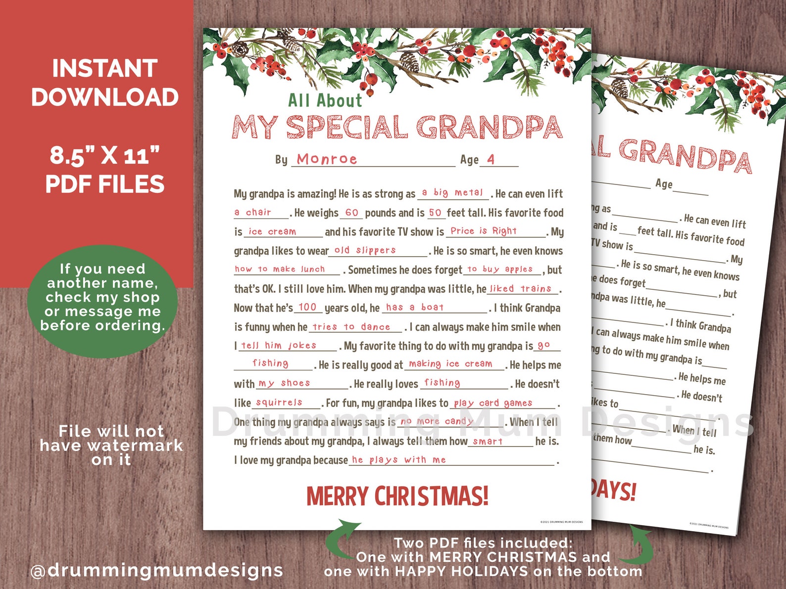 Printable All About My Grandpa Fill In The Blank T For Etsy