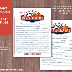 All About My Dad Sports PRINTABLE Fill in the Blank Gift for Father's ...