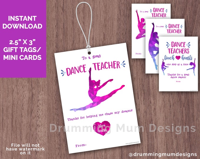 Dance Teacher Thank You Gift Tags or Cards PRINTABLE End of Season Gala ...