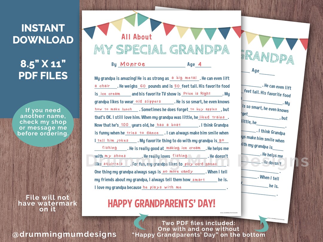 PRINTABLE All About My Grandpa Fill in the Blank Gift for Grandparents ...