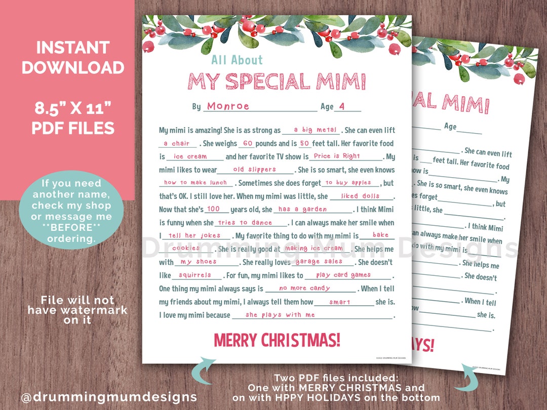 PRINTABLE All About My Mimi Fill in the Blank Gift for Christmas Funny Kid Questionnaire Child ...