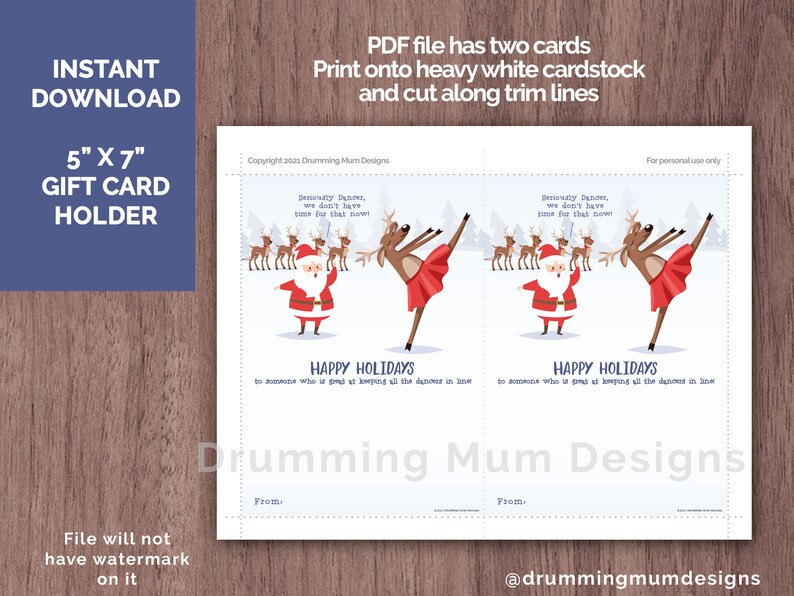 Dance Teacher Holiday Card Gift Card Holder PRINTABLE Happy Holidays ...