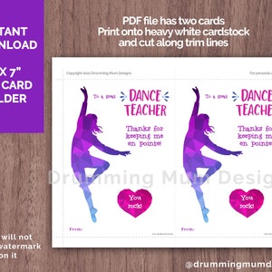 Dance Teacher Card PRINTABLE Gift Card Holder Thank You End of Season ...