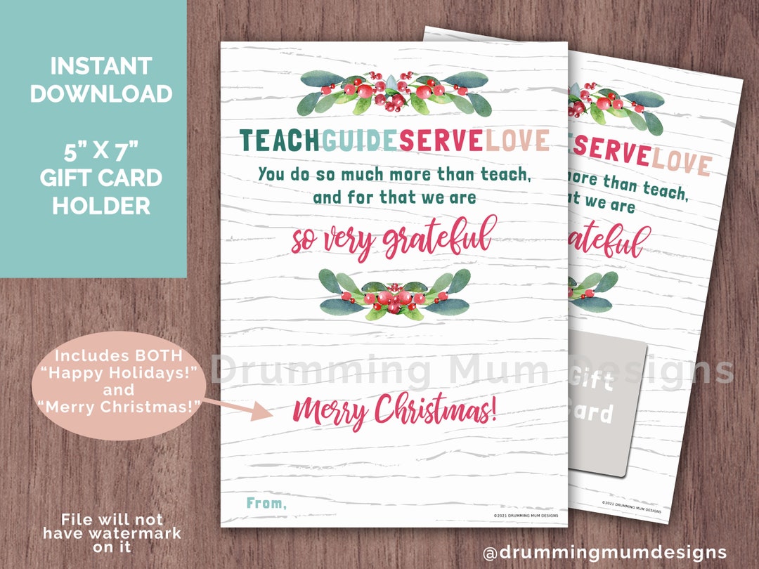 Teacher Christmas Card Printable Gift Card Holder Happy Holidays ...