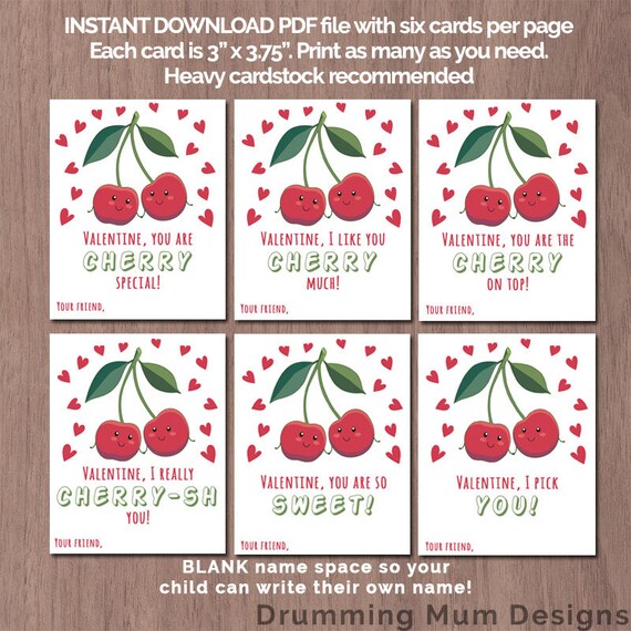 INSTANT DOWNLOAD Cute Cherries Valentines Day Cards Kid | Etsy