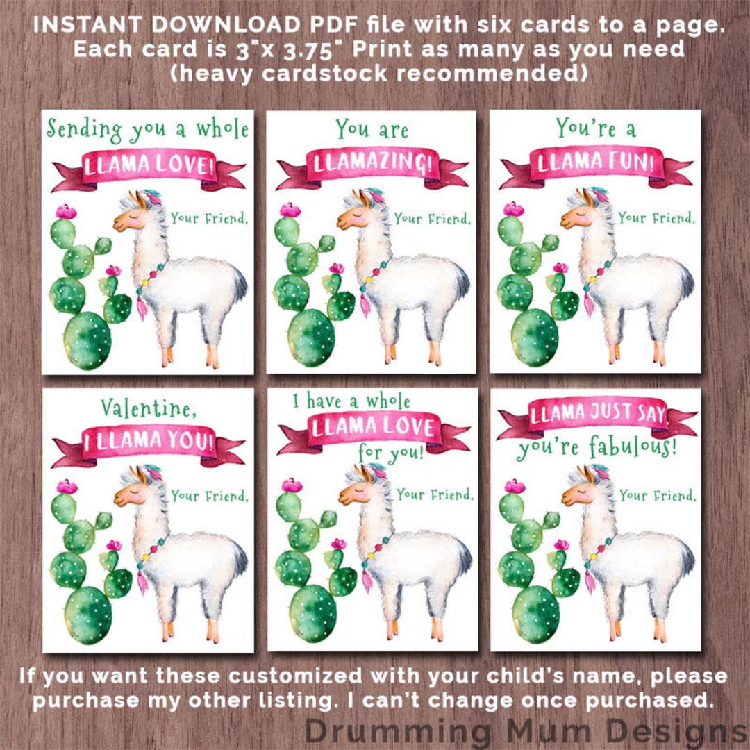 INSTANT DOWNLOAD Llama Valentines Day Cards Kid Valentine Card School ...
