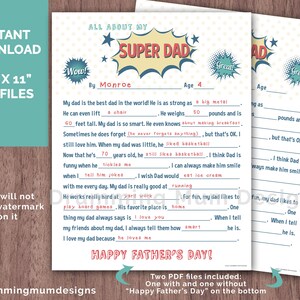 PRINTABLE Superhero All About My Dad Fill in the Blank Gift for Father ...