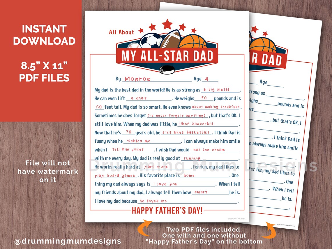 All About My Dad Sports PRINTABLE Fill in the Blank Gift for - Etsy