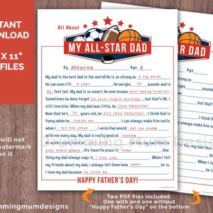 All About My Dad Sports PRINTABLE Fill in the Blank Gift for Father's ...