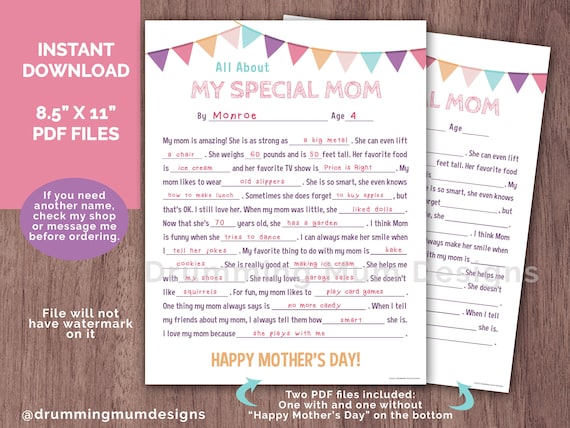 All About My Mom PRINTABLE Fill in the Blank Gift for - Etsy