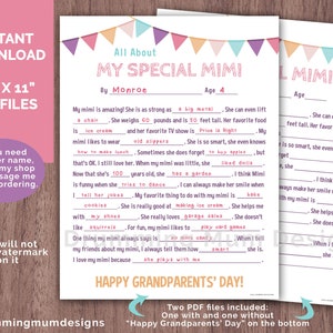 All About My Mimi PRINTABLE Fill in the Blank Gift for Grandparents ...