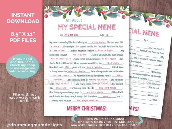 PRINTABLE All About My Nene Fill in the Blank Gift for | Etsy