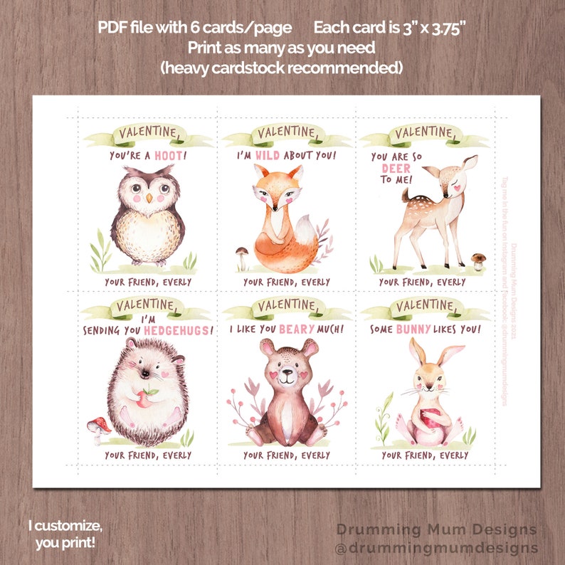 Woodland Animals Valentines Day Cards Forest Creatures Critters Kids ...