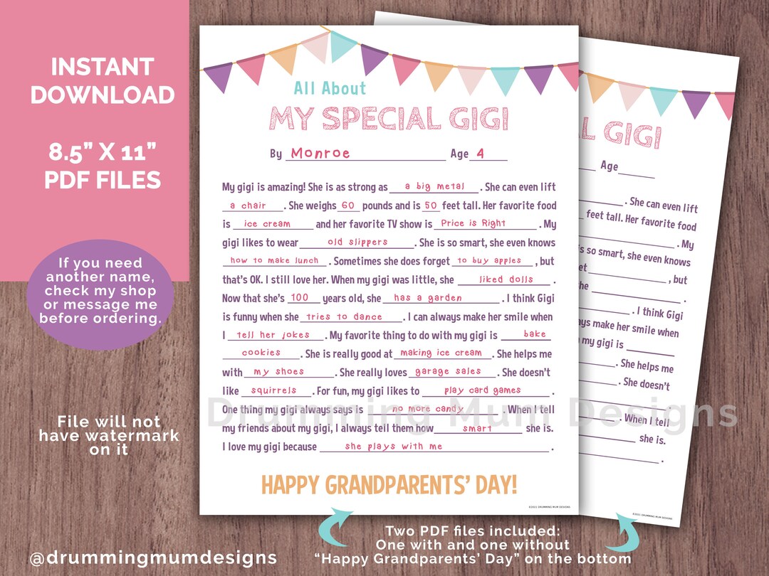 All About My Gigi PRINTABLE Fill in the Blank Gift for Grandparents ...