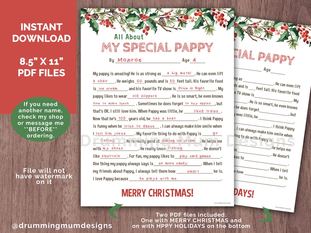 PRINTABLE All About My Pappy Fill in the Blank Gift for Christmas Funny ...