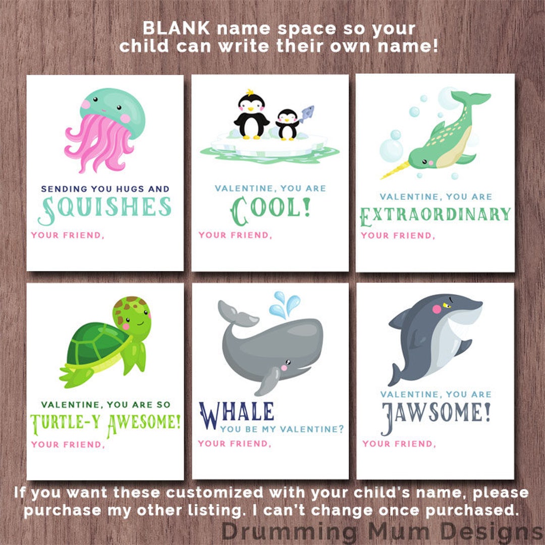 INSTANT DOWNLOAD Ocean Valentines Day Cards BLANK Kids Valentine School ...