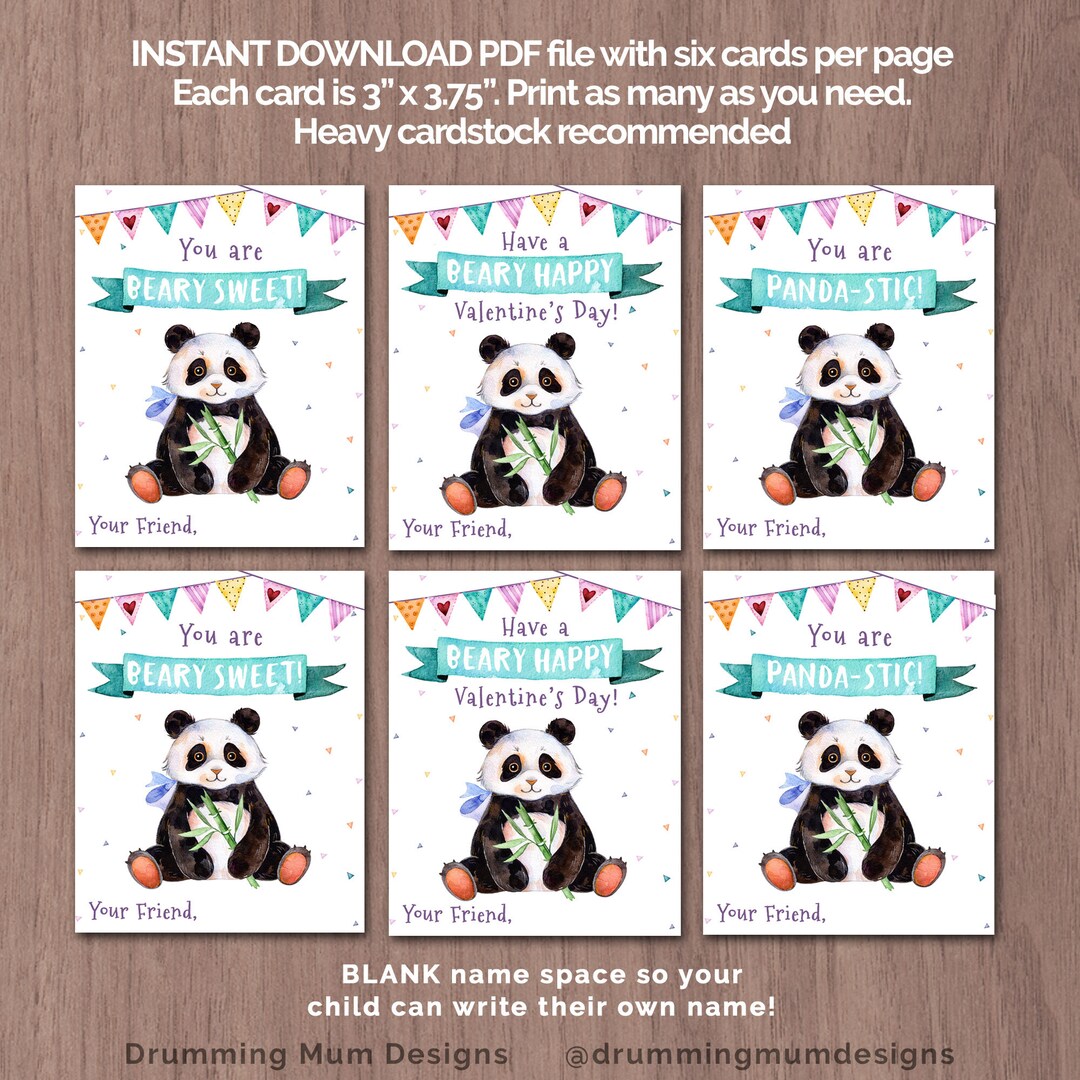 INSTANT DOWNLOAD Panda Valentines Day Cards Kid Valentine Card School ...