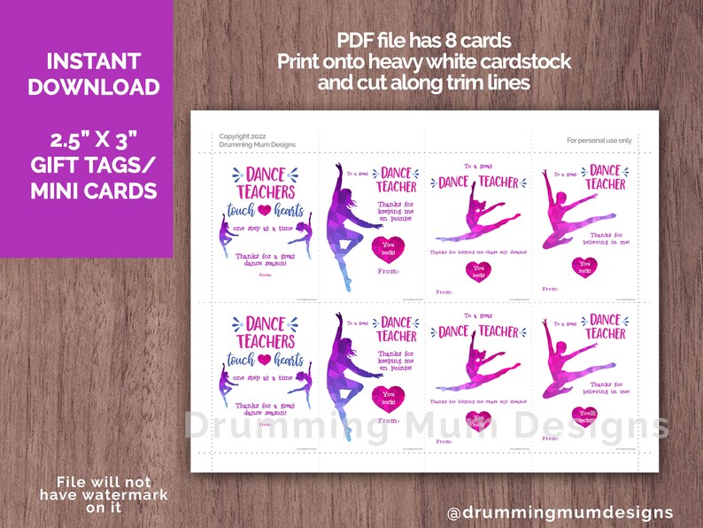 Dance Teacher Thank You Gift Tags or Cards PRINTABLE End of - Etsy