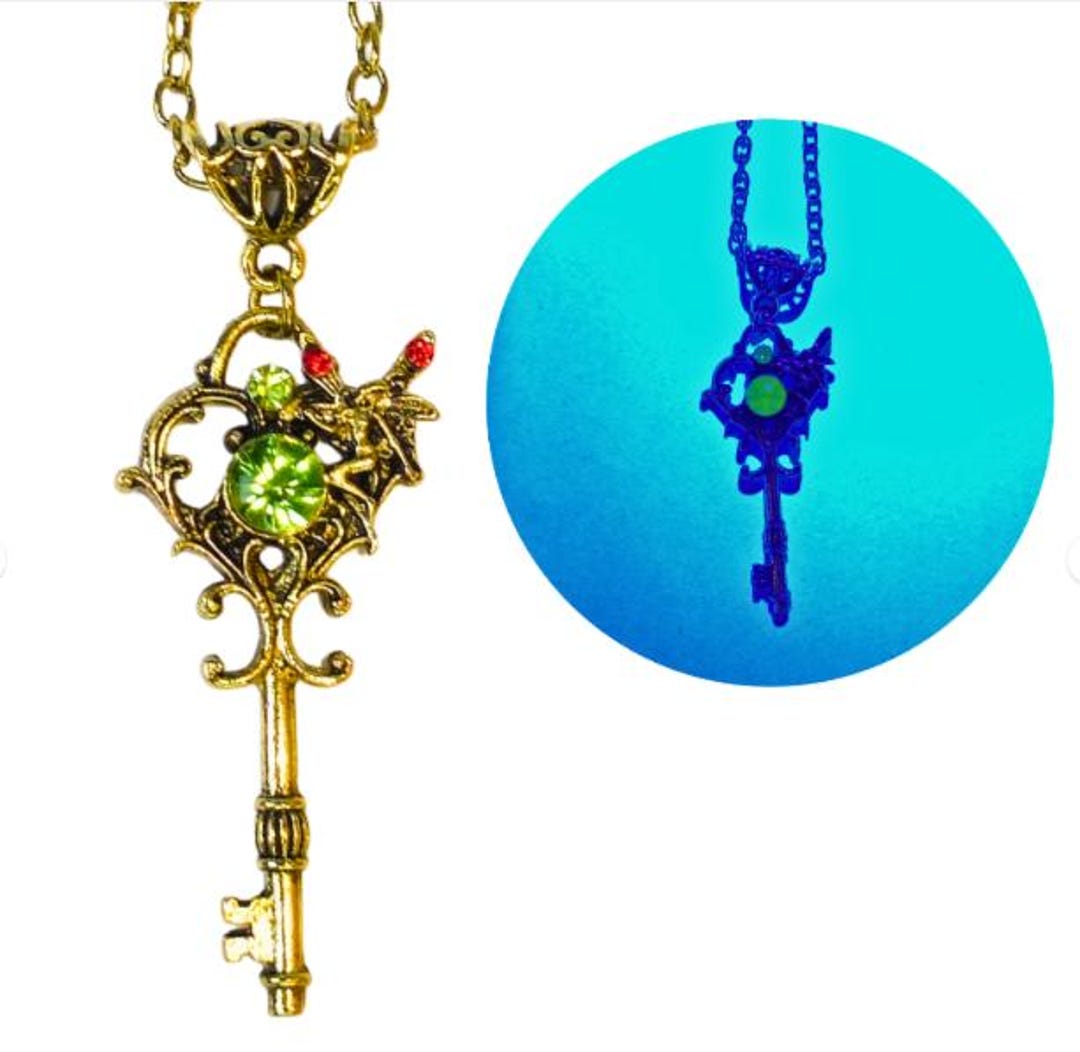 Golden Bronze Key With Fairy and Uranium Glass Rhinestones Glowing UV ...