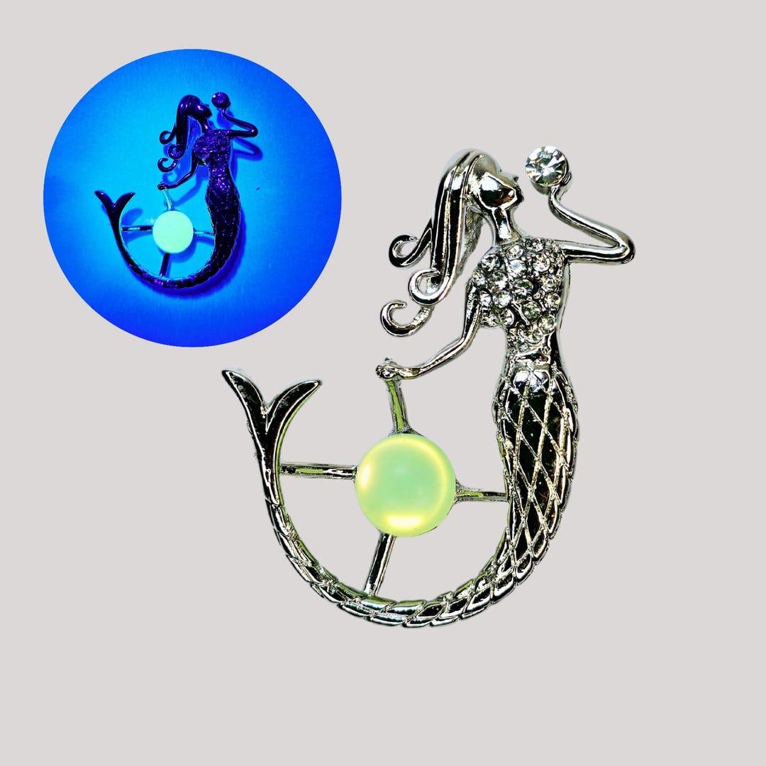 Uranium Glass Mermaid Pin Siren Brooch Ocean Jewelry Glowing UV Yellow ...